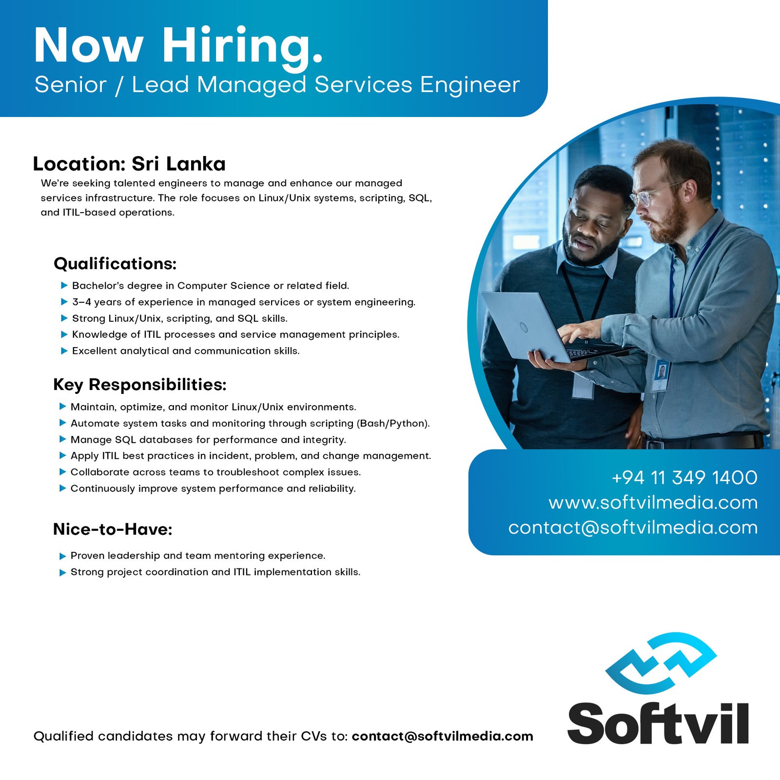 Senior Managed Services Engineer/ Managed Services Lead Engineer - Softvil Technologies